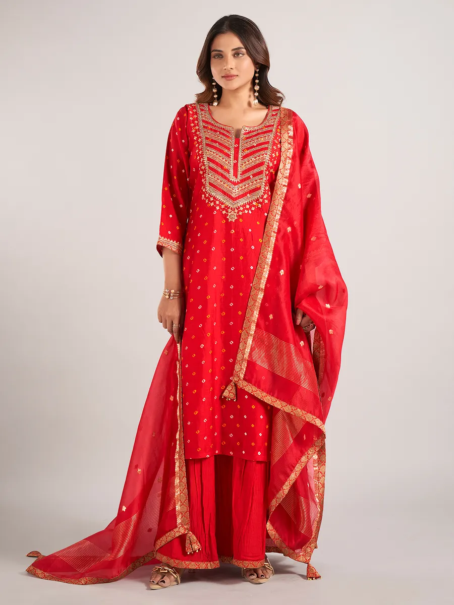 Red cotton silk sharara suit with dupatta-G3-WSS43090 | United States