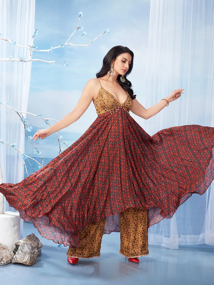 Red printed jacket style palazzo suit-G3-WSS42359 | United States