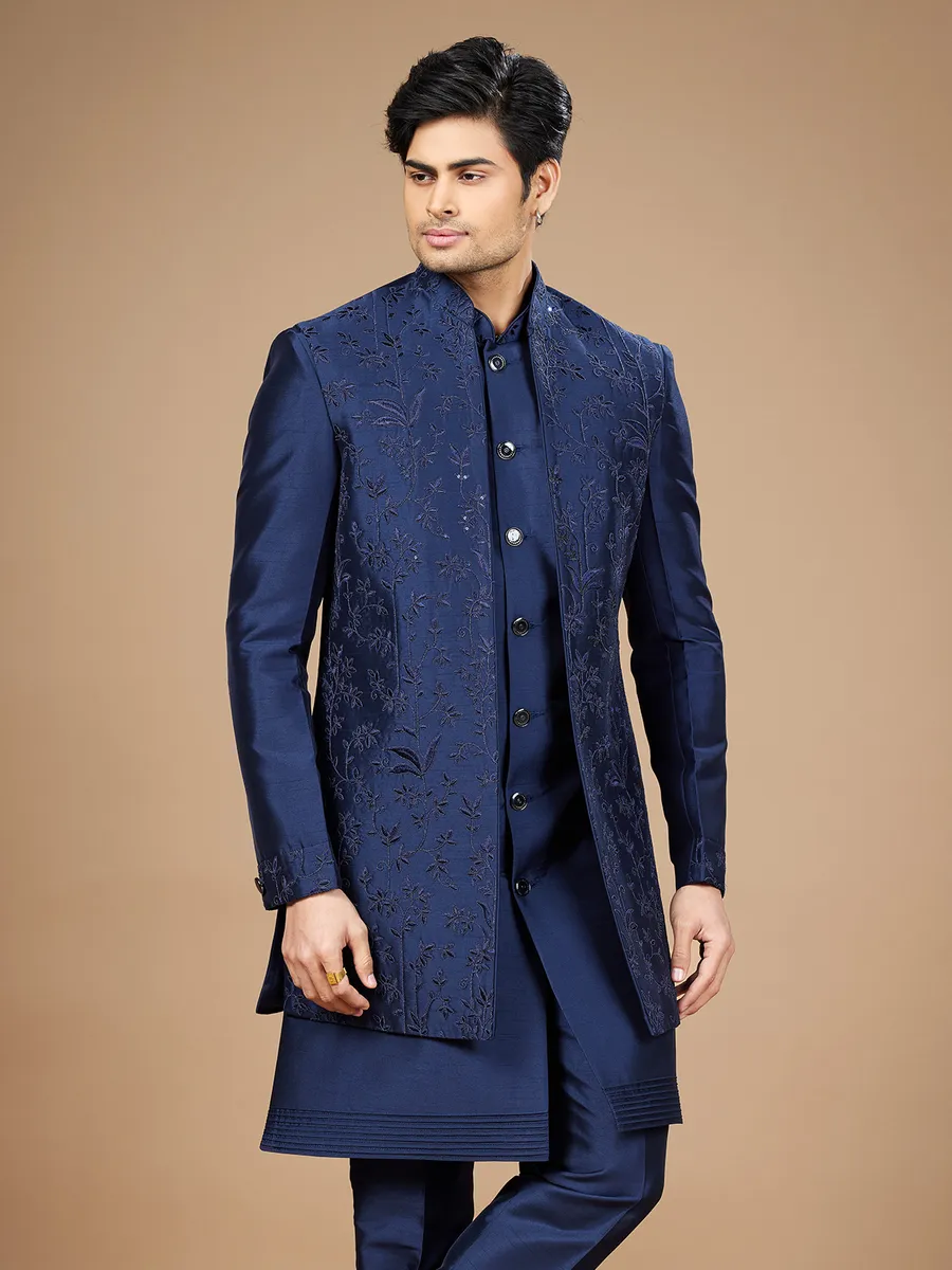 Royal blue silk wedding style indowestern-G3-MIW26 | Canada