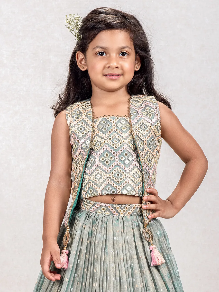 Sea green and grey omre style lehenga choli-G3-GCS2887 | United States