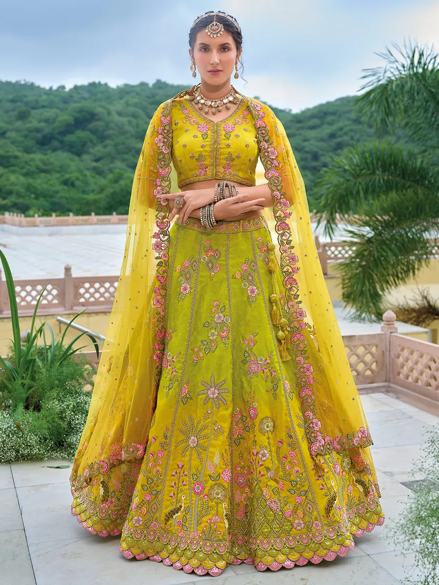 Silk based wedding style lemon yellow lehenga choli-G3-WLC16255