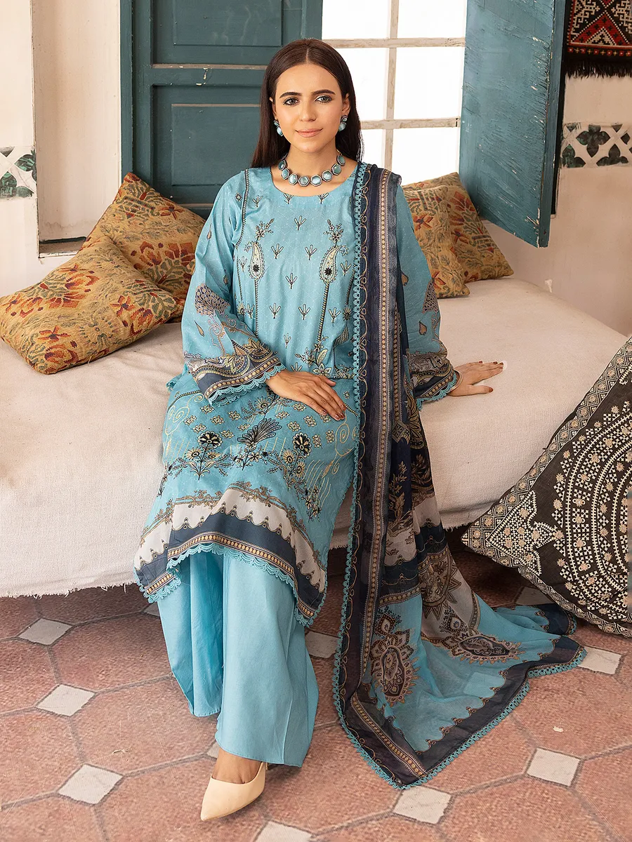 Sky blue printed cotton palazzo suit-G3-WSS41337 | Canada