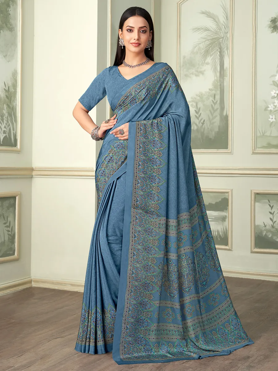 Stone blue crepe silk saree with printed border-G3-WSA57724
