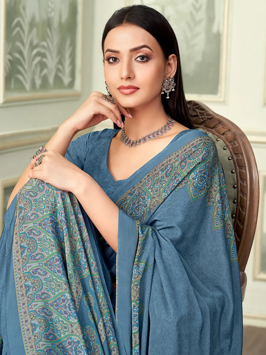 Stone blue crepe silk saree with printed border-G3-WSA57724
