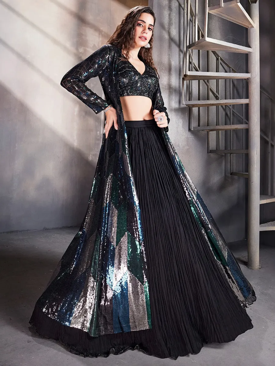 Stunning black georgette jacket style lehenga choli-G3-WLC16120