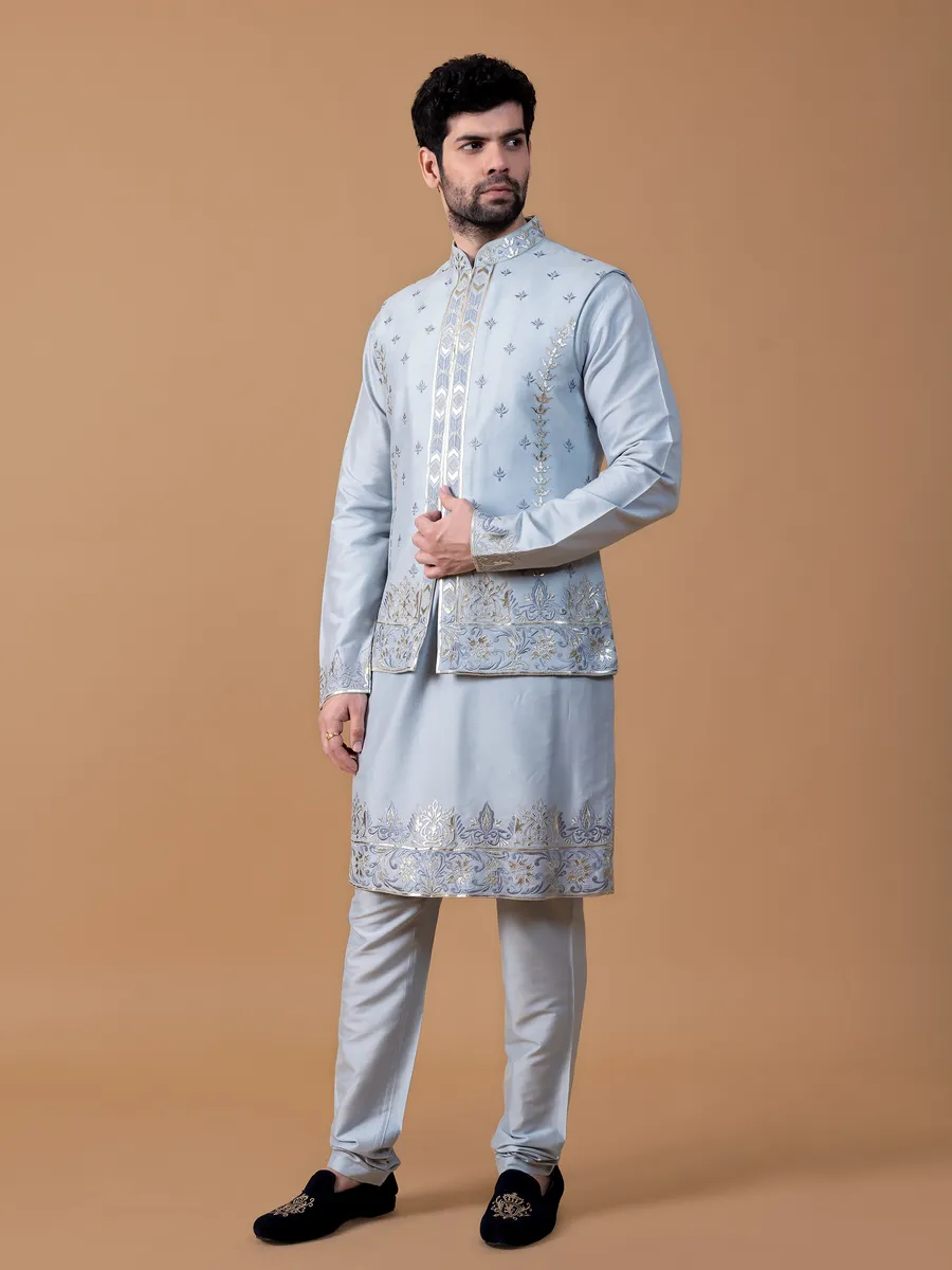 Stylish sky blue raw silk waistcoat set-G3-MWCS1089 | United States