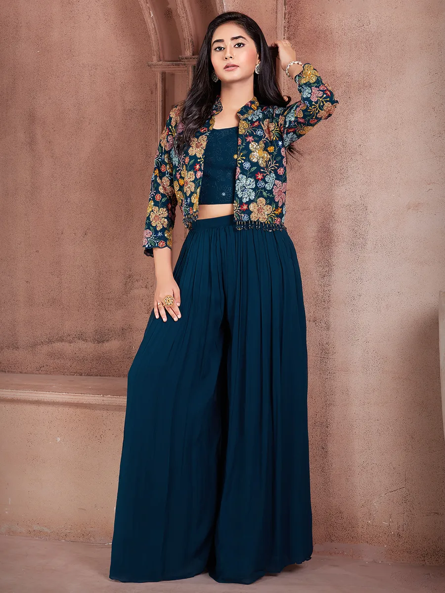 Teal blue jacket style palazzo set-G3-GSS2905 | United States