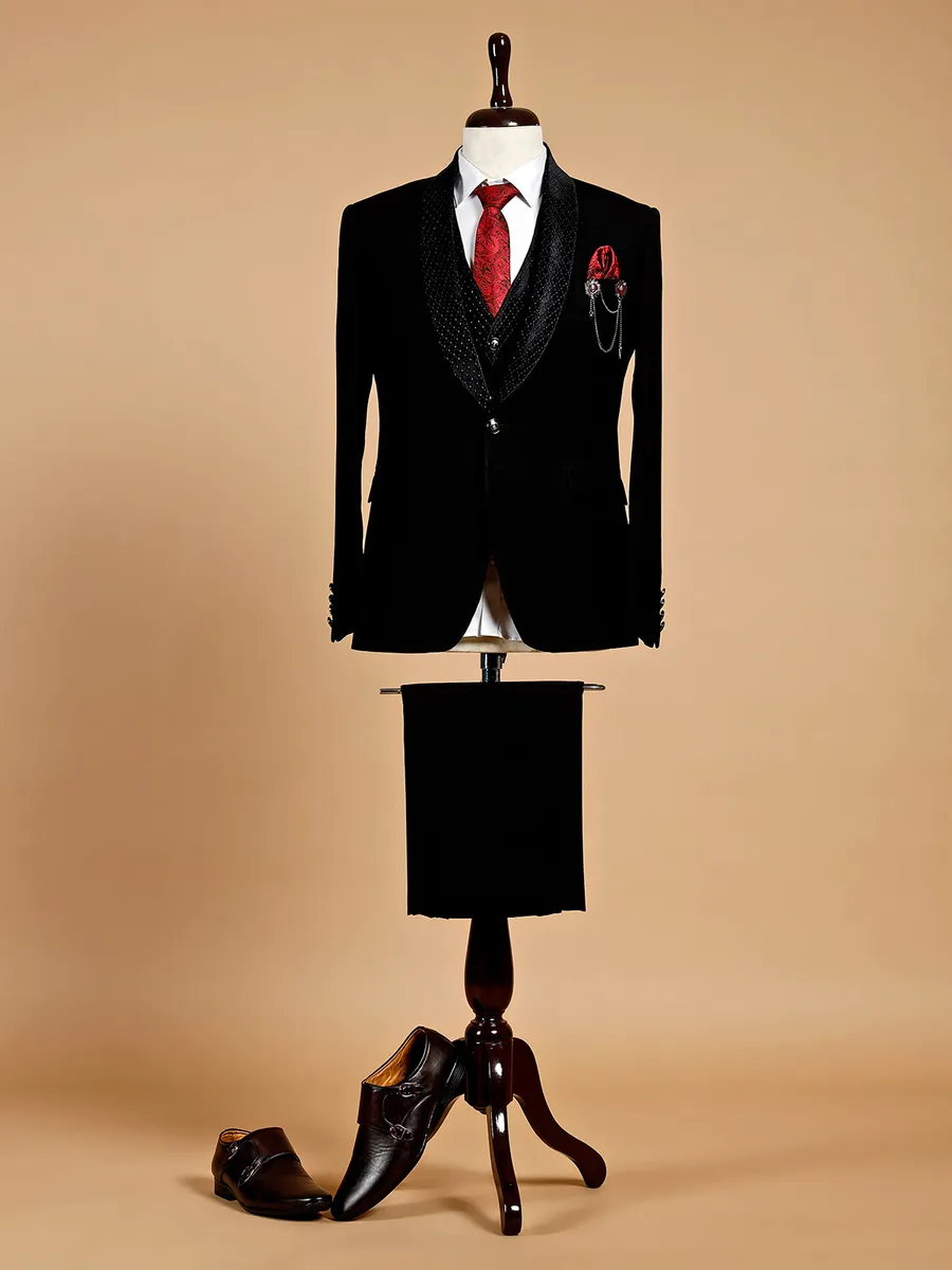 Terry rayon reception wear black coat suit in textured-G3-MCO1276...