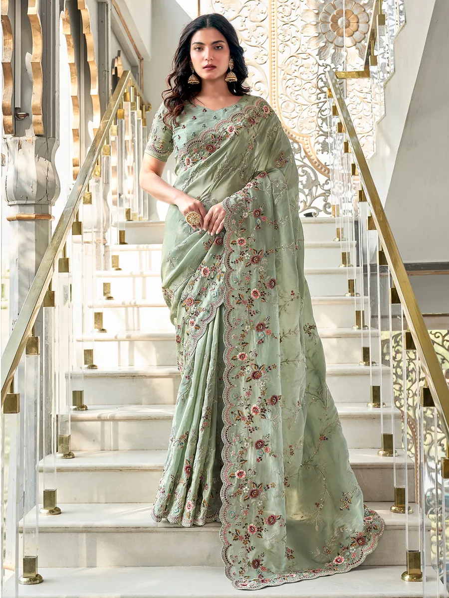 Tissue silk pista green saree-G3-WSA55370 | Australia