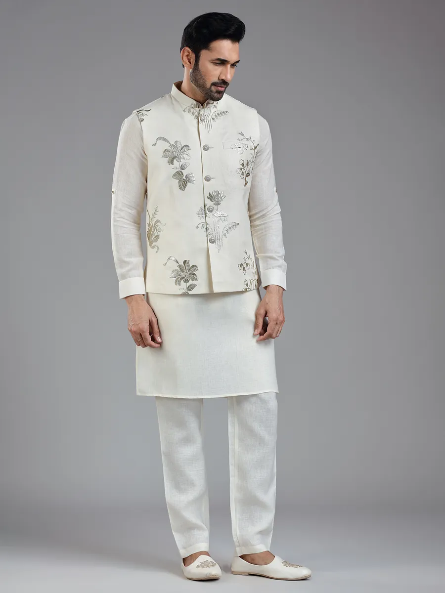 Traditional cream cotton linen kurta jacket set-G3-MWCS1519