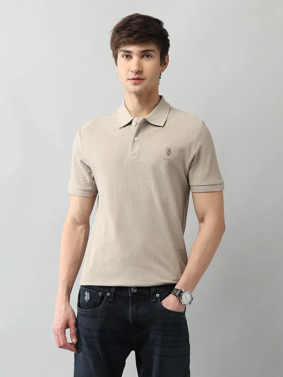US POLO beige textured mens polo t-shirt-G3-MTS20866 | United States