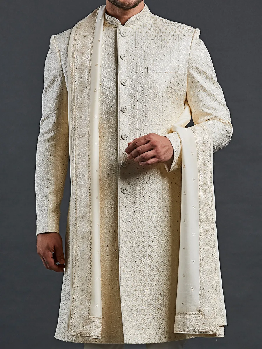 Wedding style cream raw silk sherwani for groom-G3-MSH8202