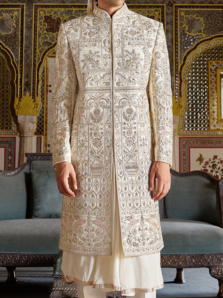 Wedding style royal cream premium sherwani for groom-G3-MSH8175