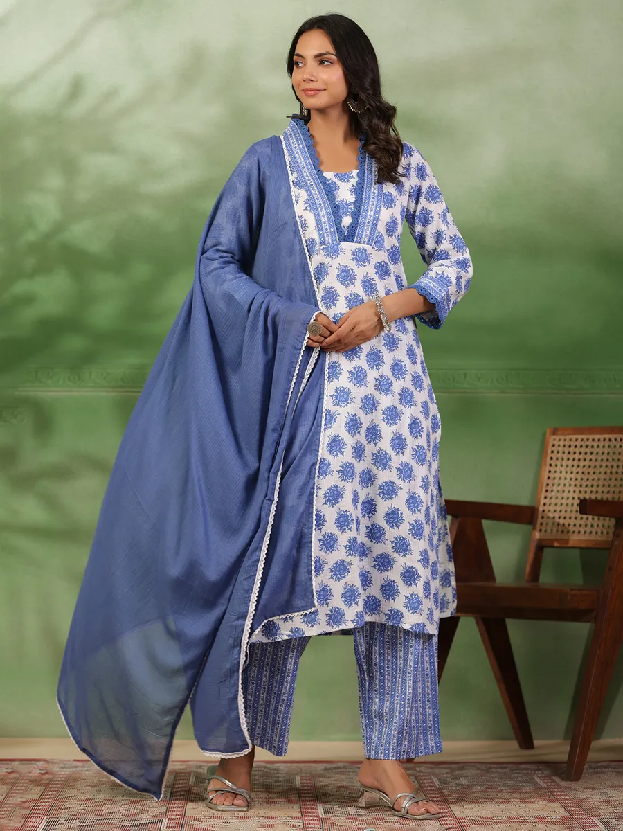 White and blue cotton kurti set for casual-G3-WKS106 | United States