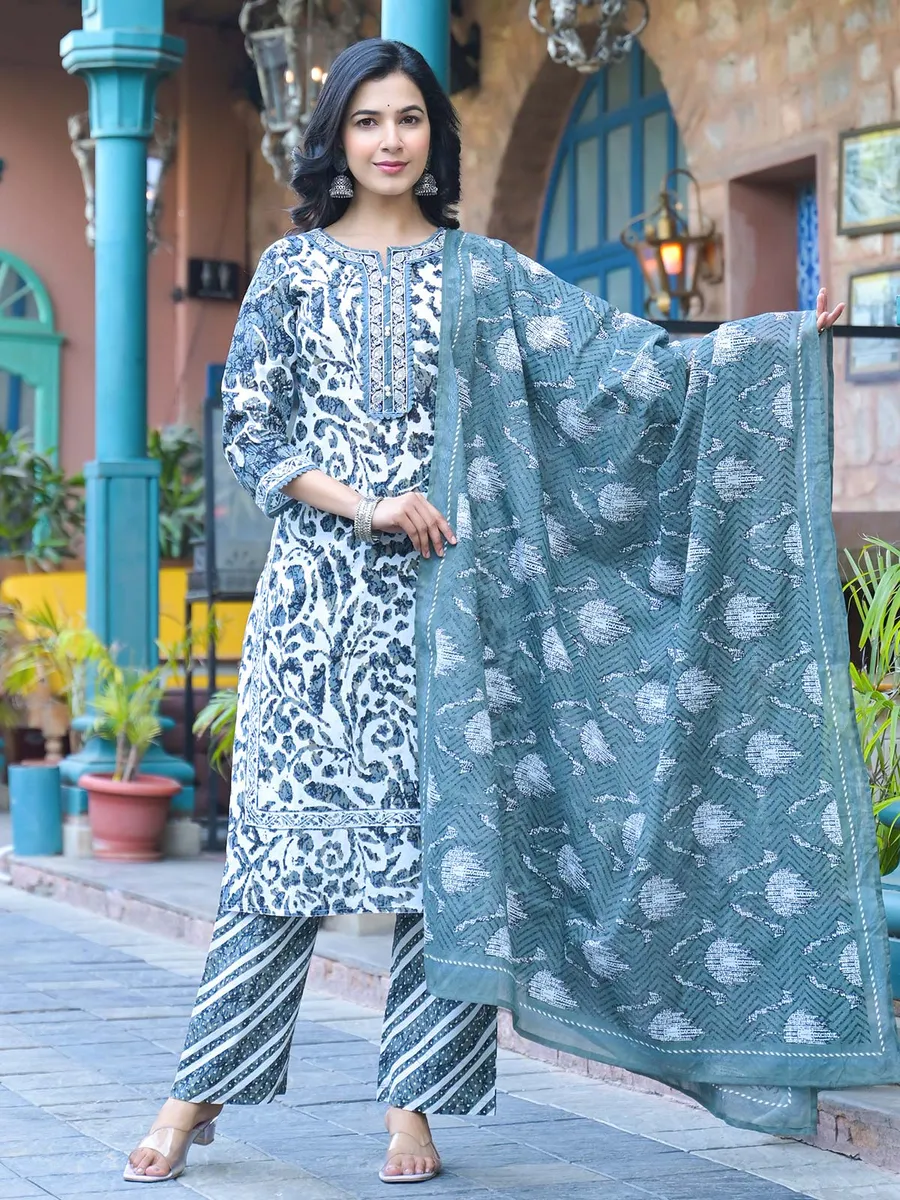 White cotton silk kurti set with print-G3-WKS222 | United States
