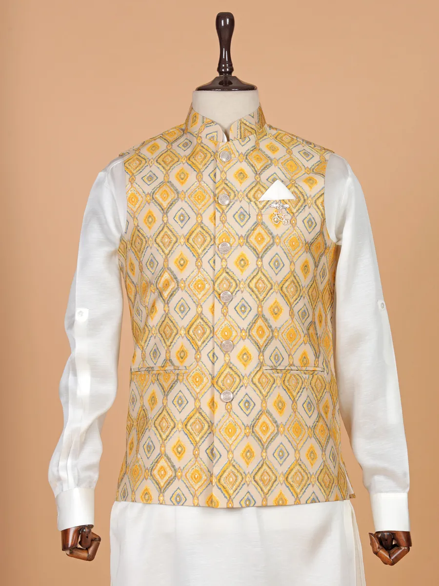Yellow and beige cotton silk waistcoat set-G3-MWCS1466 | United States
