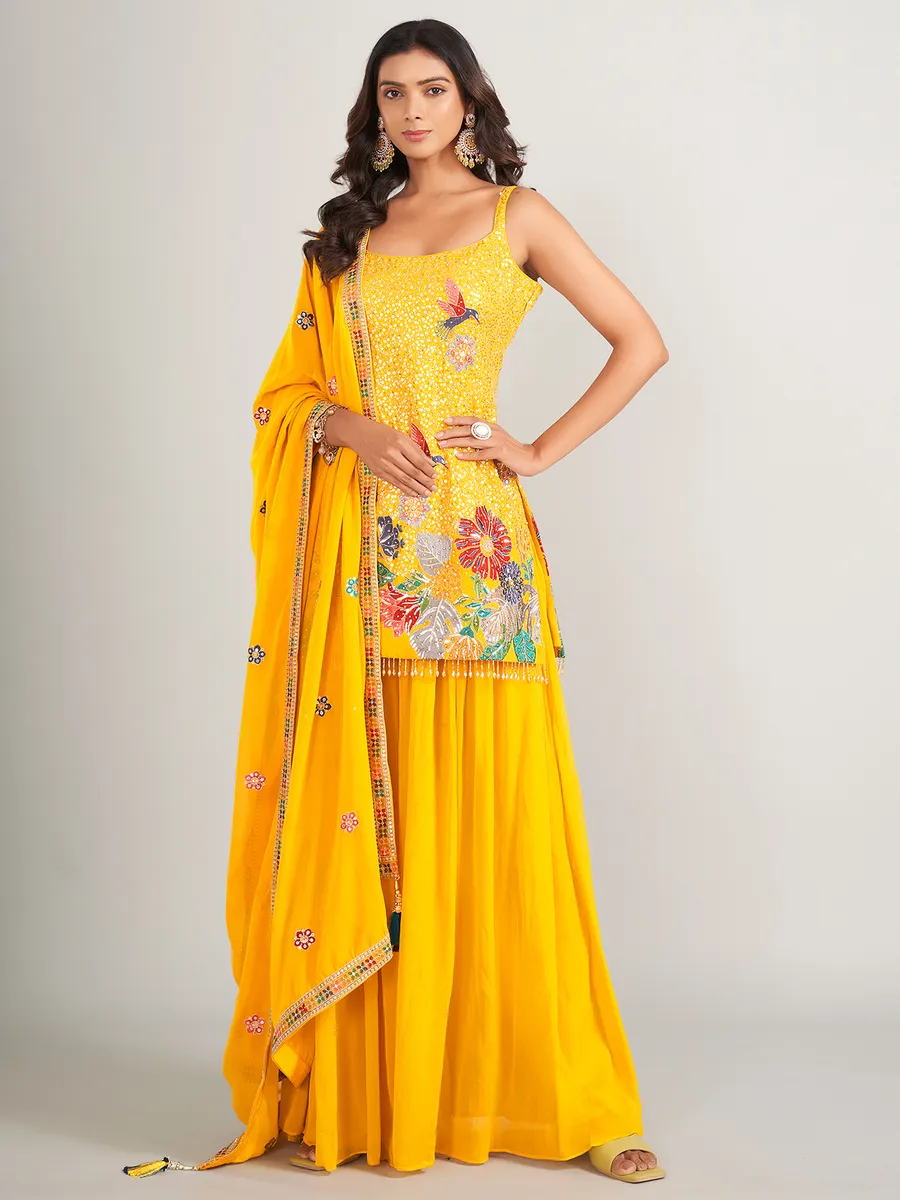 Yellow palazzo salwar suit in georgrtte-G3-WSS42441 | United States