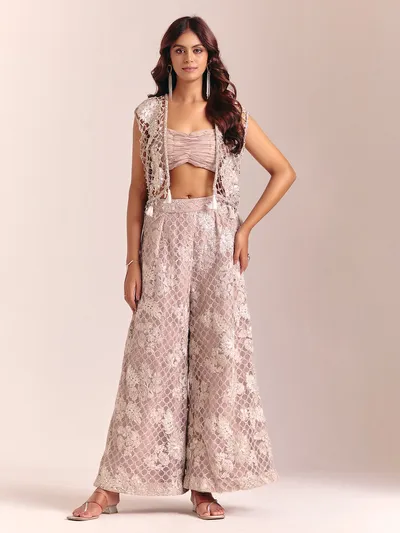 Grey net jacket style designer wedding palazzo suit-G3-WSS44700