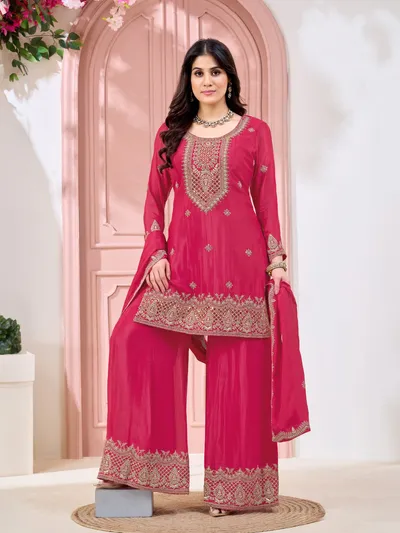 Rani pink silk pakistani style yoke palazzo suit-G3-WSS45381