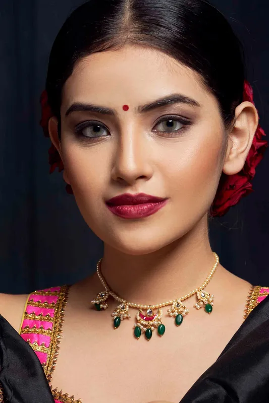Red Chand Biya Emeralds Pearl Kundan Necklace | Ajnaa Jewels