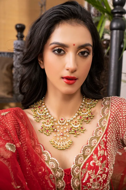 Statement Red Kundan Gold Chand Necklace Set