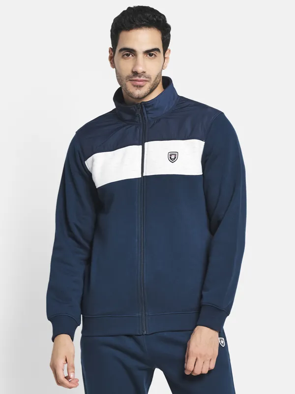 Men Navy Blue White Colourblocked Cotton Tracksuit