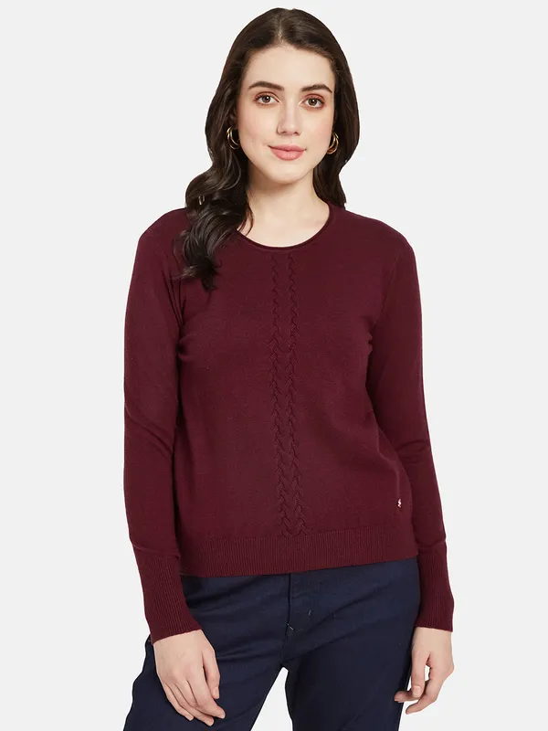 METTLE Women Maroon Cable Knit Pullover