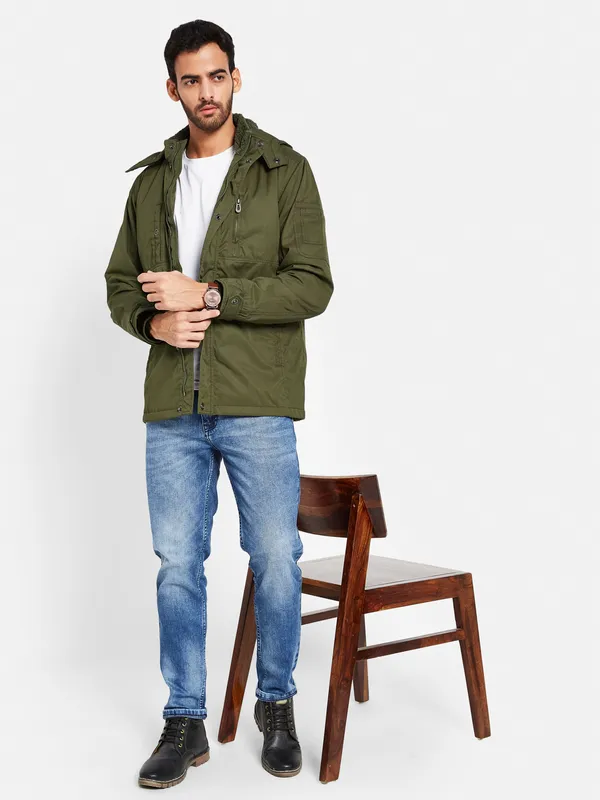 METTLE Men Olive Green Camouflage Striped Longline Padded Jacket