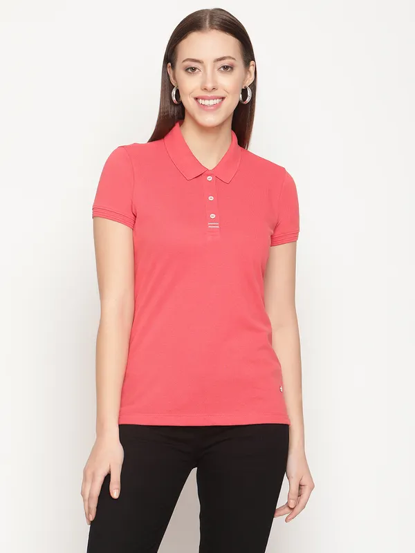METTLE Women Coral Polo Collar Cotton T-shirt