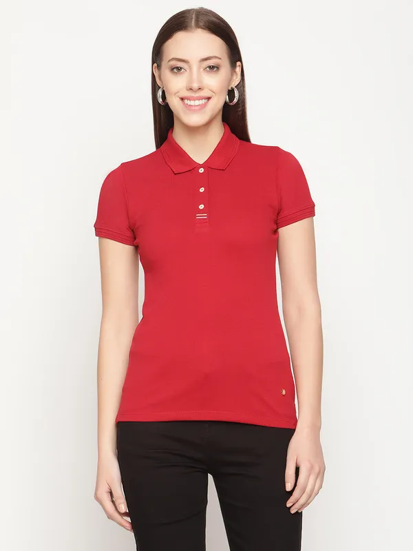 METTLE Women Red Polo Collar T-shirt