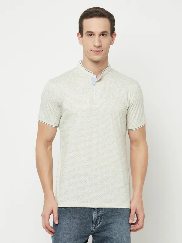 Octave Men White Henley Neck Raw Edge T-shirt