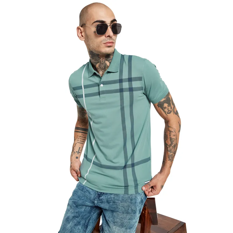Octave Men Blue Checked Polo Collar Applique T-shirt