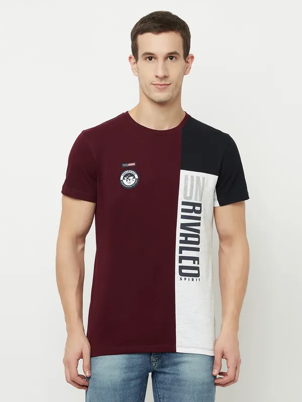 Octave Men Maroon Applique T-shirt