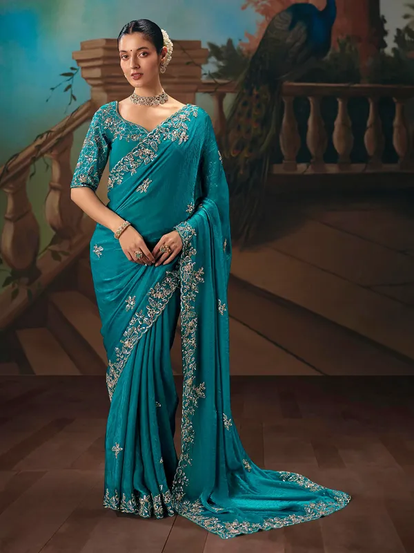 Aqua blue chiffon silk festive saree-G3-WSA61910 | Canada