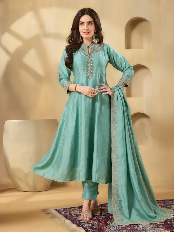 Aqua blue silk stand collar festive salwar suit-G3-WSS44784