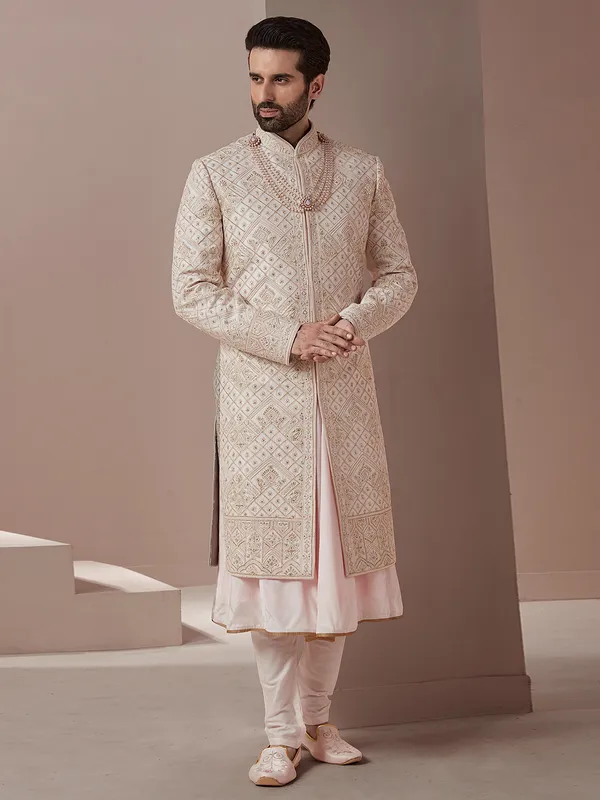 Baby pink lavish groom wear sherwani in raw silk-G3-MSH7124