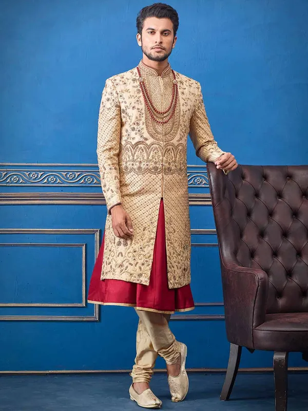 Beige designer groom raw silk sherwani-G3-MSH0370 | United States