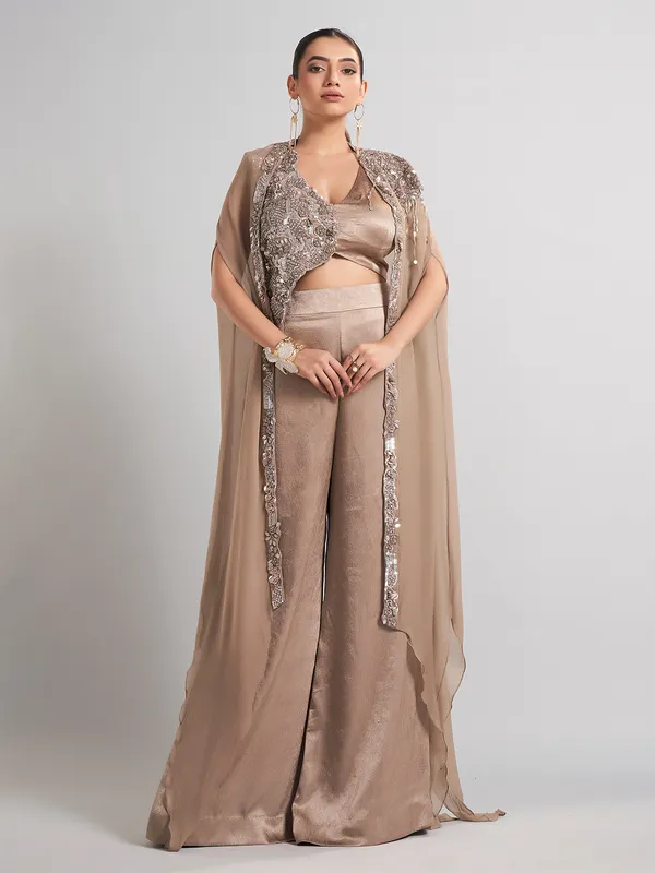 Beige designer shrug silk palazzo suit-G3-WSS44189