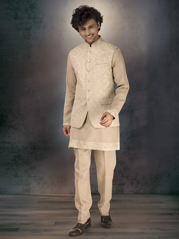 Beige linen cotton thread work waistcoat set ensemble-G3-MWCS421