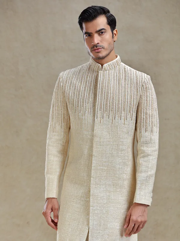 Beige long jacket style textured indo western set-G3-MIW8358