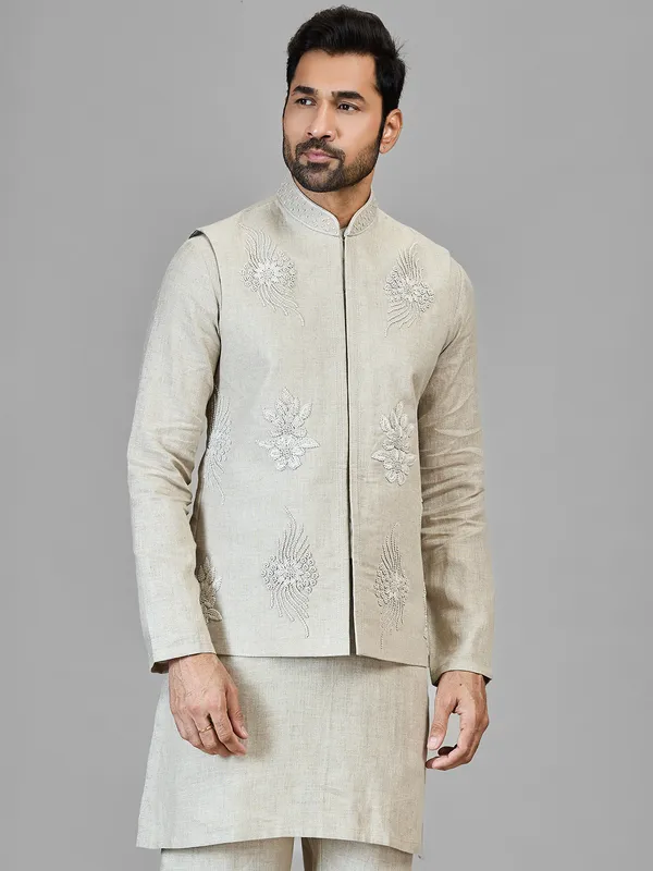 Beige pure linen festive wear waistcoat set-G3-MWCS542 | United States