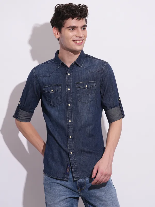 BEING HUMAN blue denim casual shirt-G3-MCS15807 | United States