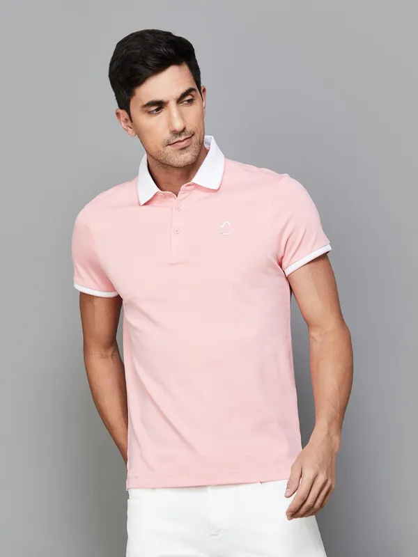 BEING HUMAN light pink cotton polo slim fit t-shirt-G3-MTS19368