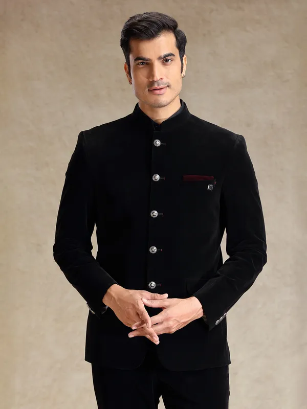 Black classic velvet weaved bandh gala suit -G3-MJS50 | United States