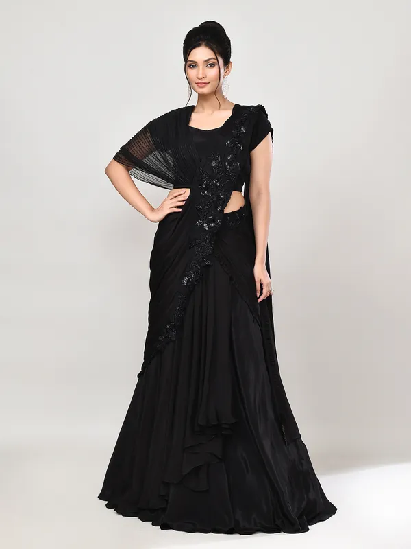 Black georgette sweetheart neck wedding lehenga choli-G3-WLC16981...