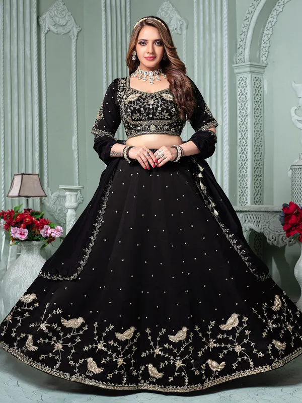 Black raw silk lehenga choli with sweetheart neck-G3-WLC17130