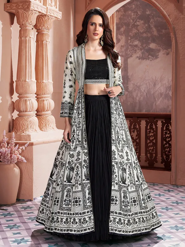 Black silk designer long jacket style lehenga choli-G3-WLC17799