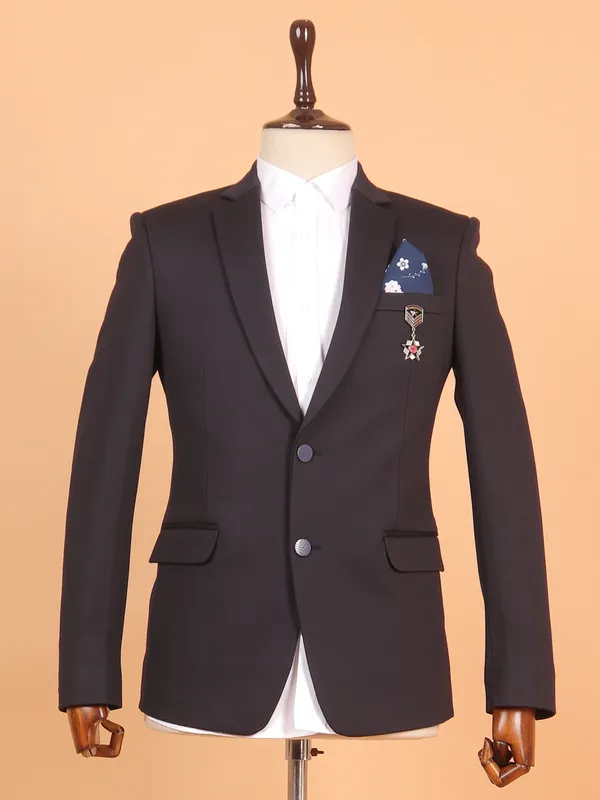 Black solid terry rayon blazer for reception-G3-MBL01173