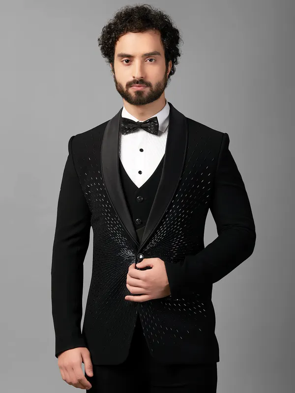 Black terry rayon embellished coat suit-G3-MCO1354