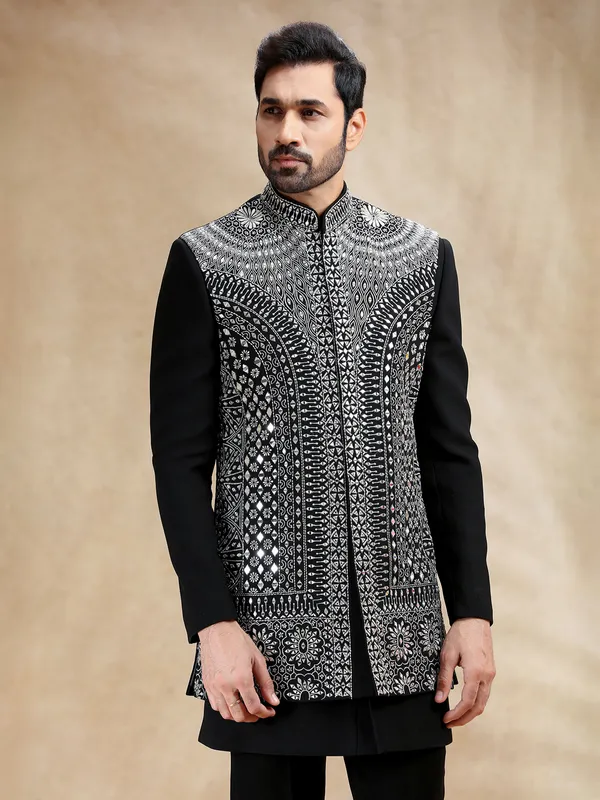 Black terry rayon indowestern set with bold resham work-G3-MIW8494